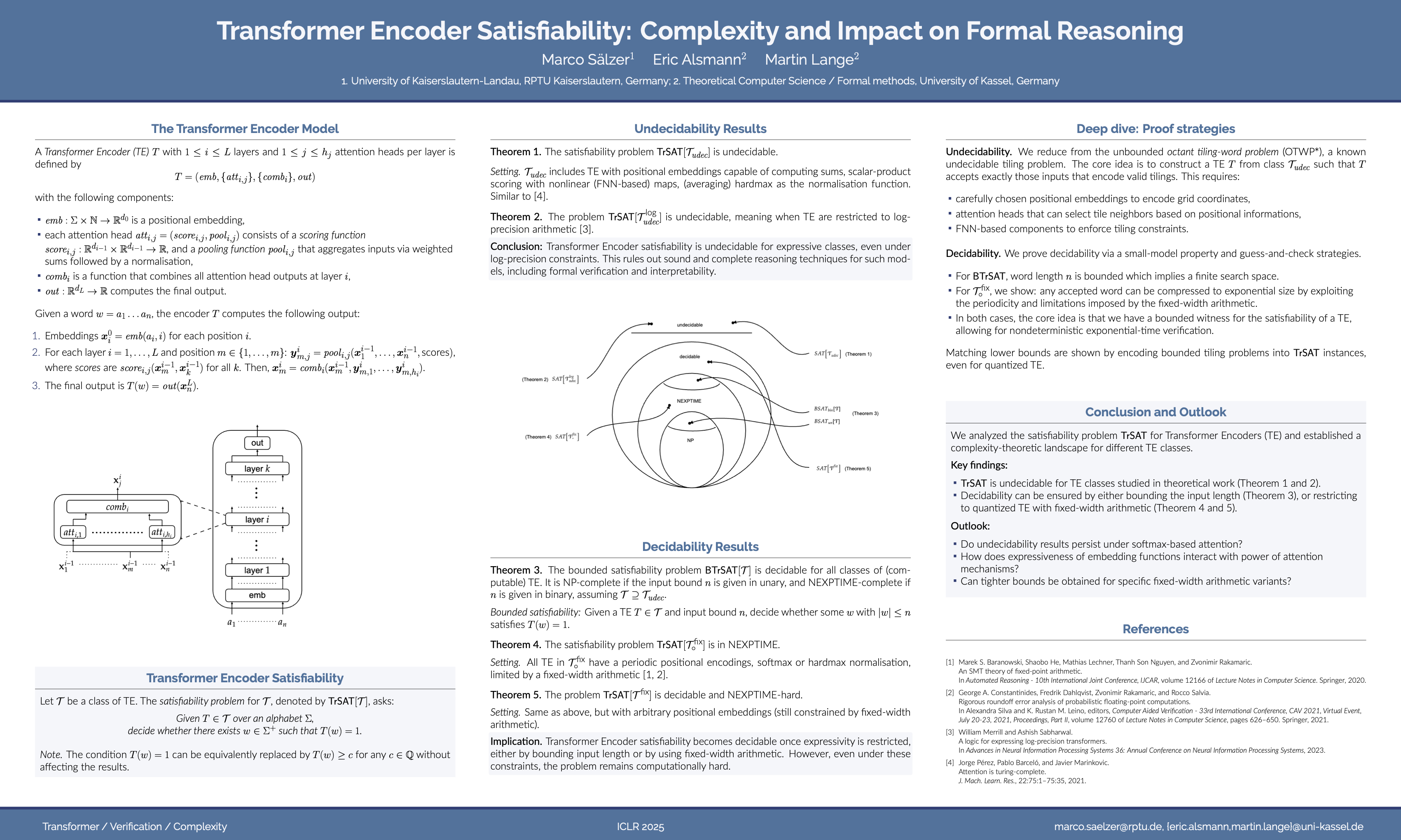 ICLR Poster Transformer Encoder Satisfiability: Complexity and Impact on Formal Reasoning
